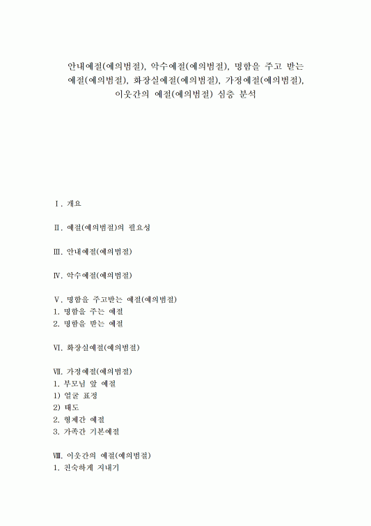 [예절][예의범절][안내][악수][명함][화장실][가정][이웃][매너]안내예절(예의범절), 악수예절(예의범절), 명함을 주고 받는 예절(예의범절), 화장실예절(예의범절), 가정예절(예의범절), 이웃간의 예절(예의범절)