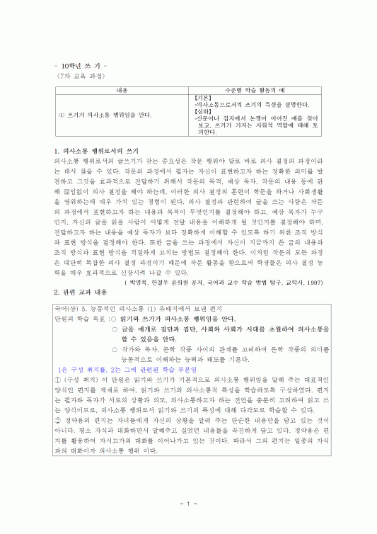 국어과 7차 교육과정과 7차 개정 교육과정 해설 및 비교분석 10학년 쓰기