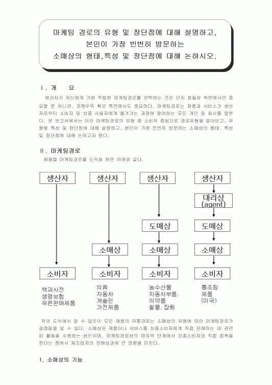 케팅 경로의 유형 및 장단점에 대해 설명하고, 본인이 가장 빈번히 방문하는 소매상의 형태,특성 및 장단점에 대해 논하시오.