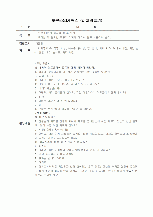 부분수업계획안 ( 요리활동 피자 만들기)