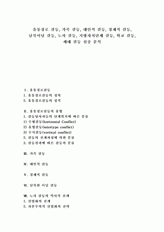유통경로 갈등, 가족 갈등, 대인적 갈등, 경제적 갈등, 남북이념 갈등, 노사 갈등, 지방자치단체 갈등, 학교 갈등, 세대 갈등 심층 분석