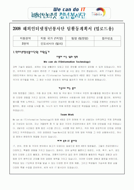 해외인터넷청년봉사단 KIV (대한민국 정부 파견 IT봉사단 합격 서류)