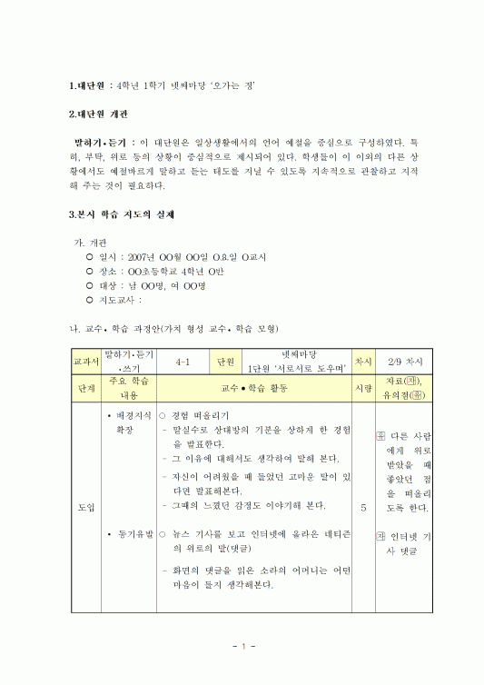 초등 국어과 가치형성모형 수업 지도안
