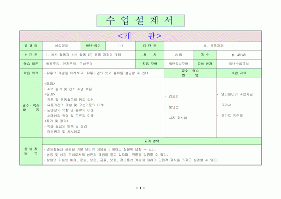 [상업경제] 유통경제와 매매 수업계획서
