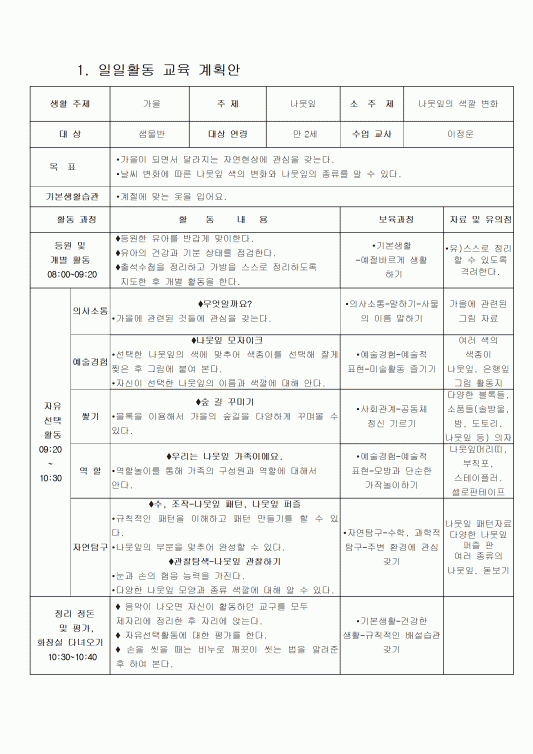 일일활동계획안-가을 나뭇잎