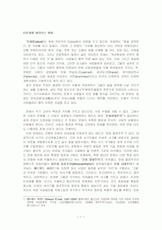 <타문화를 바라보는 방법> 에 대한 레포트입니다.