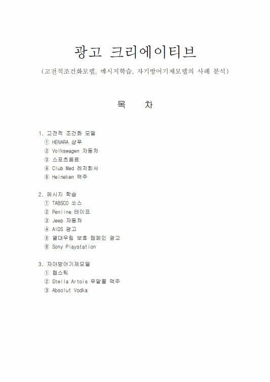 광고 크리에이티브 (고전적조건화모델, 메시지학습, 자기방어기제모델의 사례 분석)