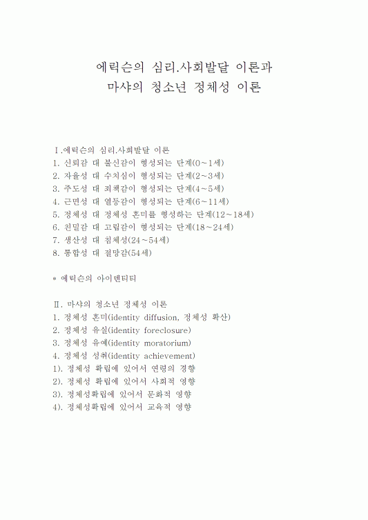 에릭슨의 심리.사회발달 이론과 마샤의 청소년 정체성 이론