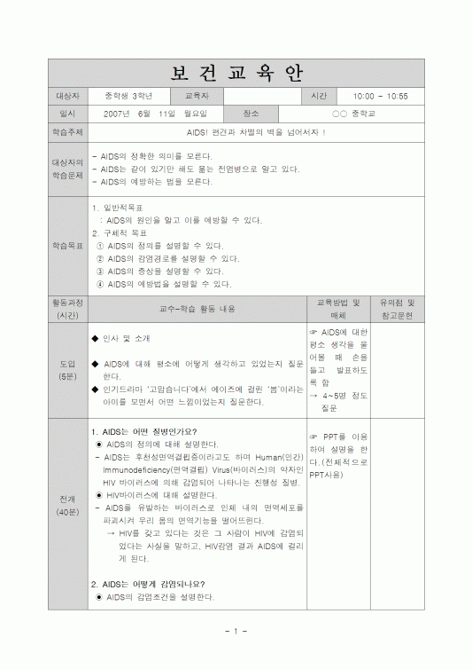 보건교육안 (AIDS).