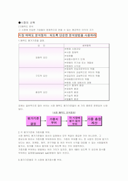 시장의 선택 및 시장의 구조적 요인 분석