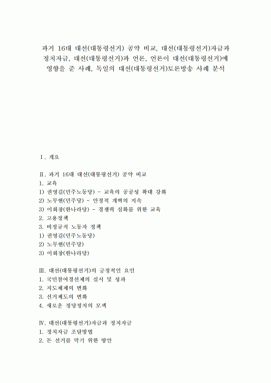 [대선][대통령선거]과거 16대 대선(대통령선거) 공약 비교, 대선(대통령선거)자금과 정치자금, 대선(대통령선거)과 언론, 언론이 대선(대통령선거)에 영향을 준 사례, 독일의 대선(대통령선거)토론방송 사례 분석