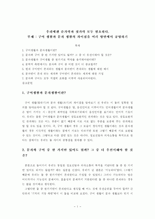 구어생활(말하기)와 문자생활(쓰기)의 차이점