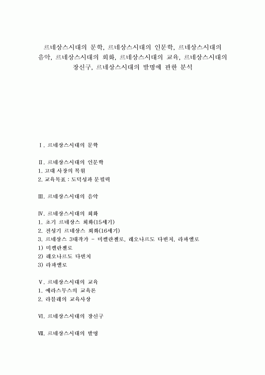 [르네상스시대][문학][인문학][음악][회화][교육][장신구][발명]르네상스시대 문학, 르네상스시대 인문학, 르네상스시대 음악, 르네상스시대 회화, 르네상스시대 교육, 르네상스시대 장신구, 르네상스시대 발명 분석