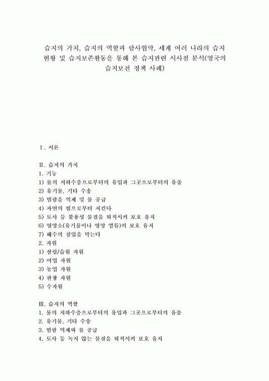 [습지][람사협약][습지보존활동][영국 습지보전 정책 사례][습지관리]습지의 가치, 습지의 역할과 람사협약, 세계 여러 나라의 습지 현황 및 습지보존활동을 통해 본 습지관련 시사점(영국의 습지보전 정책 사례)
