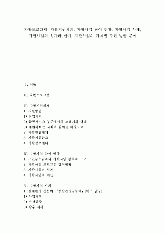[자활프로그램][자활지원체계][자활사업][자활사업 사례][자활][자활프로그램][복지]자활프로그램, 자활지원체계, 자활사업 참여 현황, 자활사업 사례, 자활사업의 성과와 한계, 자활사업의 과제별 추진 방안 분석