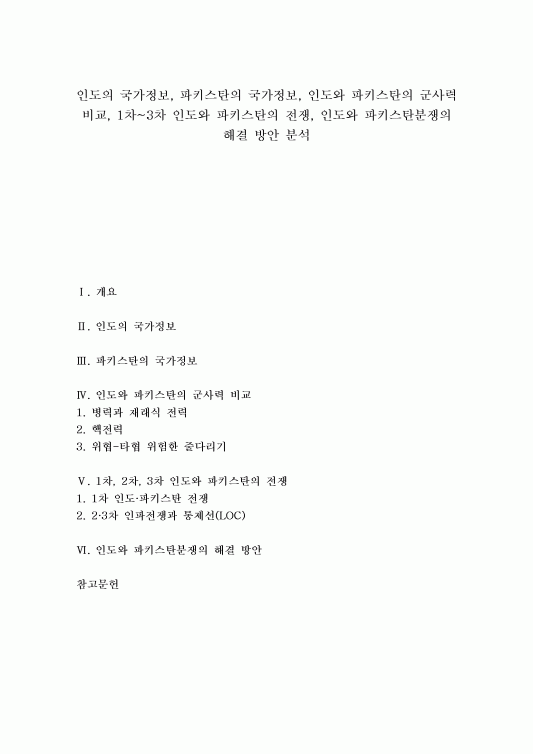 [인도][파키스탄][인도와 파키스탄 군사력 비교][인도와 파키스탄 분쟁]인도의 국가정보, 파키스탄의 국가정보, 인도와 파키스탄의 군사력 비교, 1차~3차 인도와 파키스탄의 전쟁, 인도와 파키스탄분쟁의 해결 방안