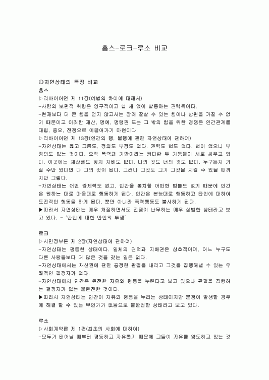 사회계약론 요약과 비교 (홉스, 로크, 루소)