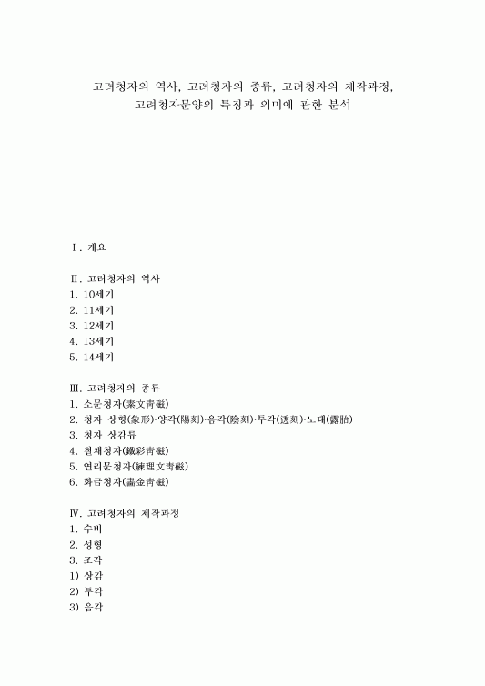 [고려청자][도자기][고려청자 역사][고려청자 종류][고려청자 제작과정][고려청자문양 특징][고려청자 의미]고려청자의 역사, 고려청자의 종류, 고려청자의 제작과정, 고려청자문양의 특징, 고려청자의 의미 분석