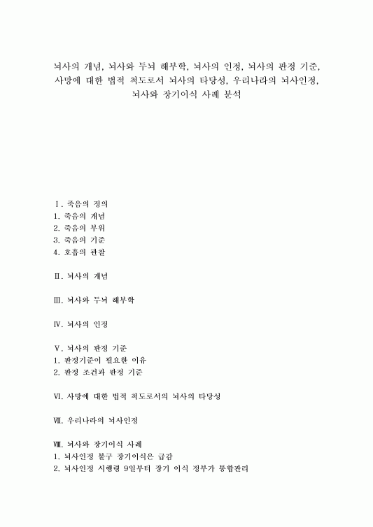 [뇌사][뇌사판정][사망][장기이식][식물인간][뇌]뇌사의 개념, 뇌사와 두뇌 해부학, 뇌사의 인정, 뇌사의 판정 기준, 사망에 대한 법적 척도로서 뇌사의 타당성, 우리나라의 뇌사인정, 뇌사와 장기이식 사례 분석