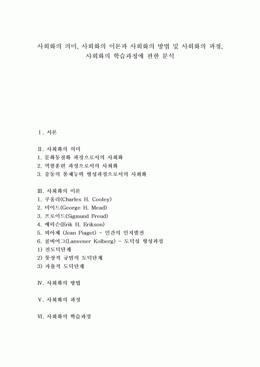 [사회화][사회화 의미][사회화 이론][사회화 방법][사회화 과정][사회화 학습과정]사회화의 의미, 사회화의 이론, 사회화의 방법, 사회화의 과정, 사회화의 학습과정 분석(사회화 이론, 사회화 방법, 사회화 과정)