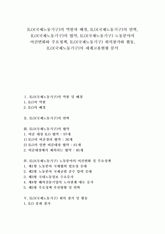[ILO][국제노동기구]ILO(국제노동기구)의 역할과 배경, ILO(국제노동기구)의 연혁, ILO(국제노동기구)의 협약, ILO(국제노동기구) 노동분야의 여건변화와 주요정책, ILO(국제노동기구) 회의참가와 활동, ILO(국제노동기구)의 세계고용현황