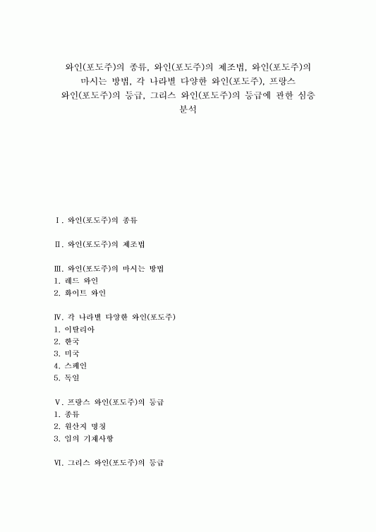 [와인][포도주]와인(포도주)의 종류, 와인(포도주)의 제조법, 와인(포도주)의 마시는 방법, 각 나라별 다양한 와인(포도주), 프랑스 와인(포도주)의 등급, 그리스 와인(포도주)의 등급 심층 분석(와인, 포도주)