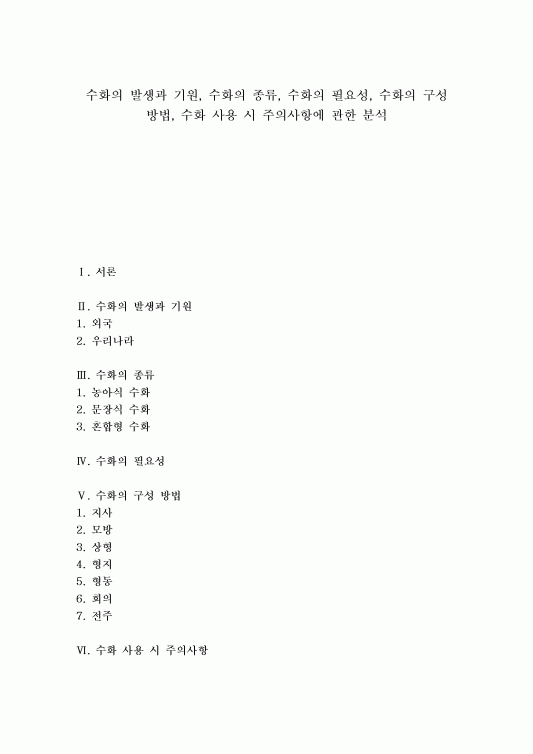 [수화][수화 발생][수화 기원][수화 종류][수화 필요성][수화 구성 방법][수화 사용 시 주의사항]수화의 발생, 수화의 기원, 수화의 종류, 수화의 필요성, 수화의 구성 방법, 수화 사용 시 주의사항에 관한 분석