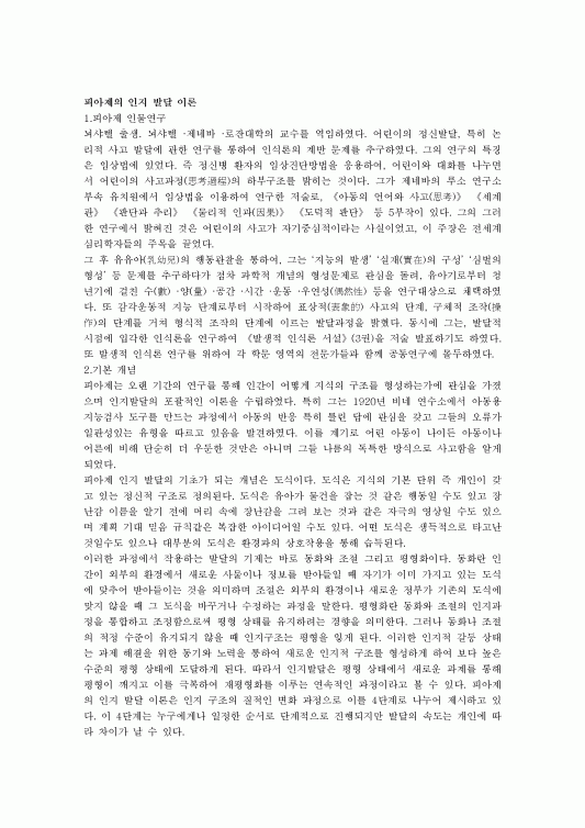 [인문과학] 피아제의 인지발달이론에 대해서 자세하고 체계적이게 작성한 레포트입니다.