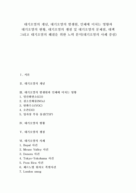 [대기오염]대기오염의 개념, 대기오염의 발생원, 인체에 미치는 영향과 대기오염의 현황, 대기오염의 쟁점 및 대기오염의 문제점, 대책 그리고 대기오염의 해결을 위한 노력 분석(대기오염의 사례 중심)