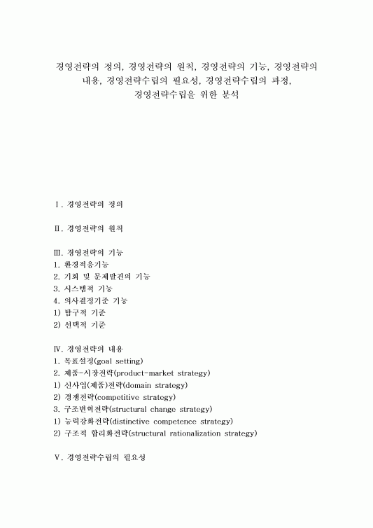 [경영전략][경영전략수립][전략경영][기업경영]경영전략의 정의, 경영전략의 원칙, 경영전략의 기능, 경영전략의 내용, 경영전략수립의 필요성, 경영전략수립의 과정, 경영전략수립을 위한 분석(경영전략, 전략경영)