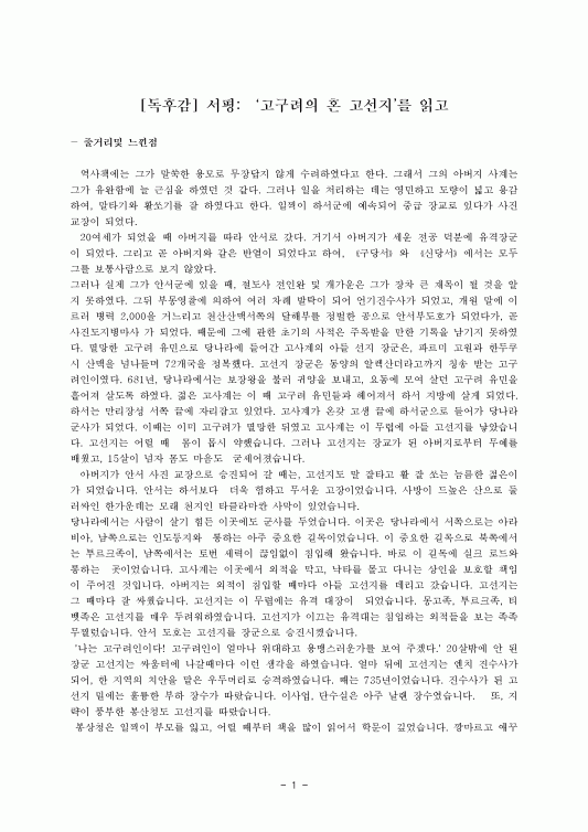 [독후감] 서평: ‘고구려의 혼 고선지’를 읽고
