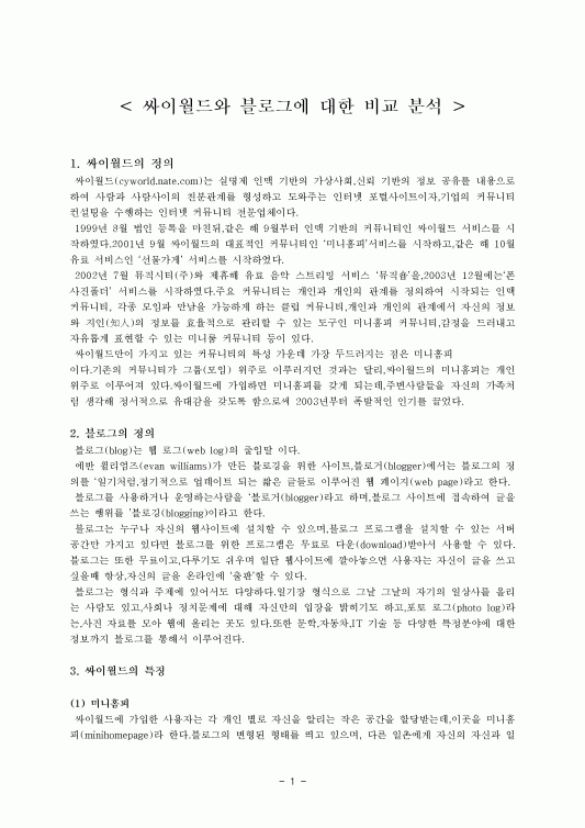 [미니홈피와블로그]싸이월드와 블로그에 대한 비교 분석[우수평가자료]
