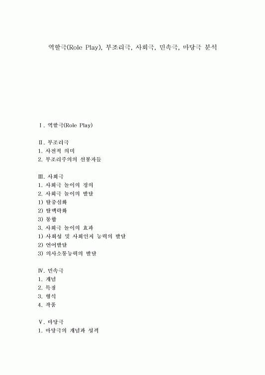 [역할극][Role Play][롤플레이][부조리극][사회극][민속극][마당극][극]역할극(Role Play), 부조리극, 사회극, 민속극, 마당극 분석(역할극, Role Play, 롤플레이, 부조리극, 사회극, 민속극, 마당극, 극)
