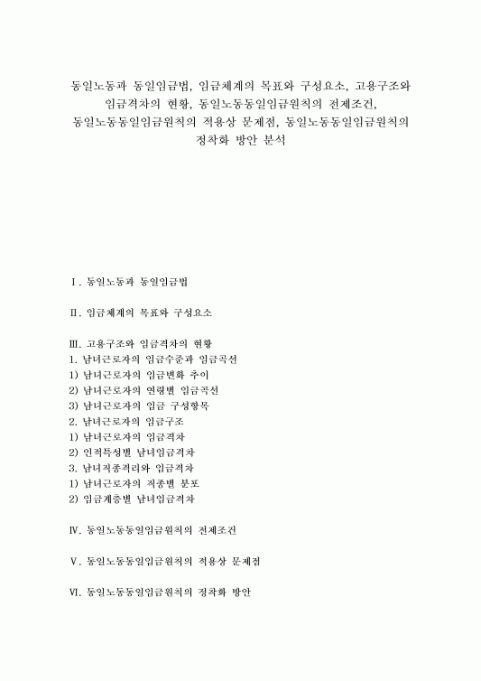 동일노동과 동일임금법, 임금체계의 목표와 구성요소, 고용구조와 임금격차의 현황, 동일노동동일임금원칙의 전제조건, 동일노동동일임금원칙의 적용상 문제점, 동일노동동일임금원칙의 정착화 방안 분석