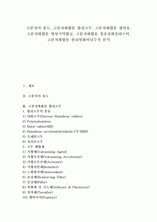 [고분자][고분자화합물][고분자화학][고분자과학]고분자의 용도, 고분자화합물 합성고무, 고분자화합물 광섬유, 고분자화합물 형상기억합금, 고분자화합물 섬유강화플라스틱, 고분자화합물 폴리염화비닐수지 분석