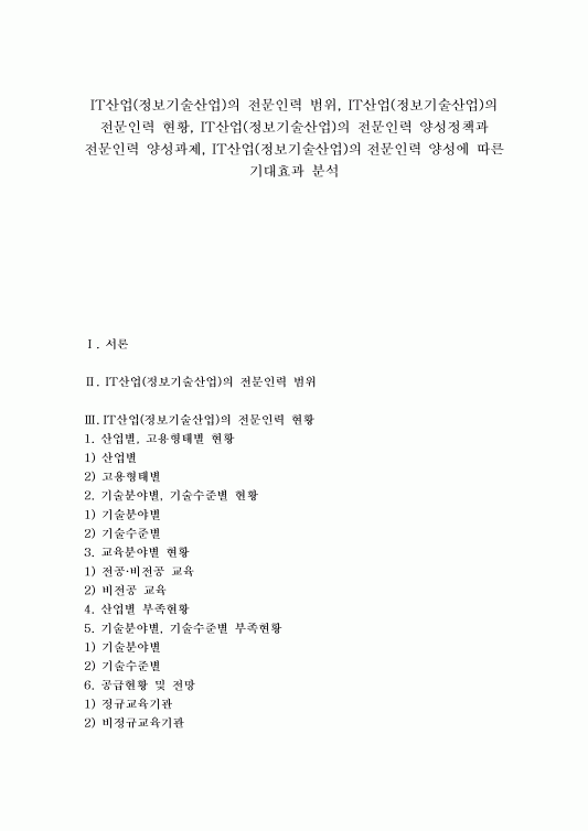IT산업(정보기술산업)의 전문인력 범위, IT산업(정보기술산업)의 전문인력 현황, IT산업(정보기술산업)의 전문인력 양성정책과 전문인력 양성과제, IT산업(정보기술산업)의 전문인력 양성에 따른 기대효과 분석