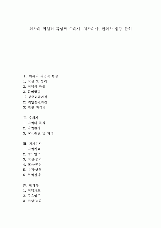[의사][의사의 직업적 특성][수의사][치과의사][한의사][수의사 직업특성][치과의사 직업전망][전문의]의사의 직업적 특성과 수의사, 치과의사, 한의사 심층 분석(의사, 의사의 직업적 특성, 수의사, 치과의사, 한의사, 전문의)