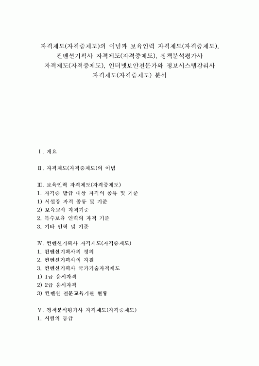[자격]자격제도(자격증제도)의 이념과 보육인력 자격제도(자격증제도), 컨벤션기획사 자격제도(자격증제도), 정책분석평가사 자격제도(자격증제도), 인터넷보안전문가와 정보시스템감리사 자격제도(자격증제도) 분석