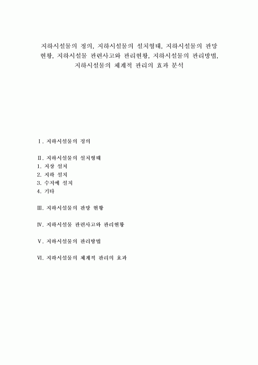 [지하시설물][지하시설물사고][지하시설물관리]지하시설물의 정의와 설치형태, 지하시설물의 관망 현황, 지하시설물 관련사고와 관리현황, 지하시설물의 관리방법, 지하시설물의 체계적 관리의 효과 분석