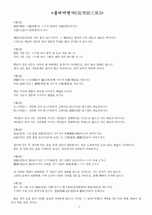 용비어천가 1장부터 125장까지 원문과 해석입니다.