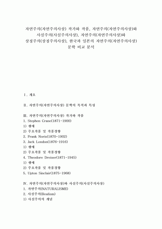 [자연주의]자연주의(자연주의사상) 작가와 작품, 자연주의(자연주의사상)와 사실주의(사실주의사상), 자연주의(자연주의사상)와 상징주의(상징주의사상), 한국과 일본의 자연주의(자연주의사상) 문학 비교 분석