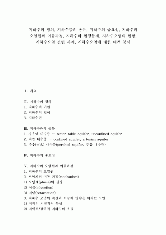 [지하수][지하수오염][지하수관리]지하수의 정의, 지하수층의 종류, 지하수의 중요성, 지하수의 오염원과 이동과정, 지하수와 환경문제, 지하수오염의 현황, 지하수오염 관련 사례, 지하수오염에 대한 대책 분석