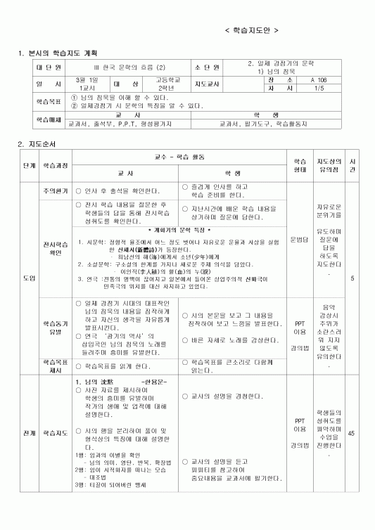 한용운- 님의 침묵 지도안