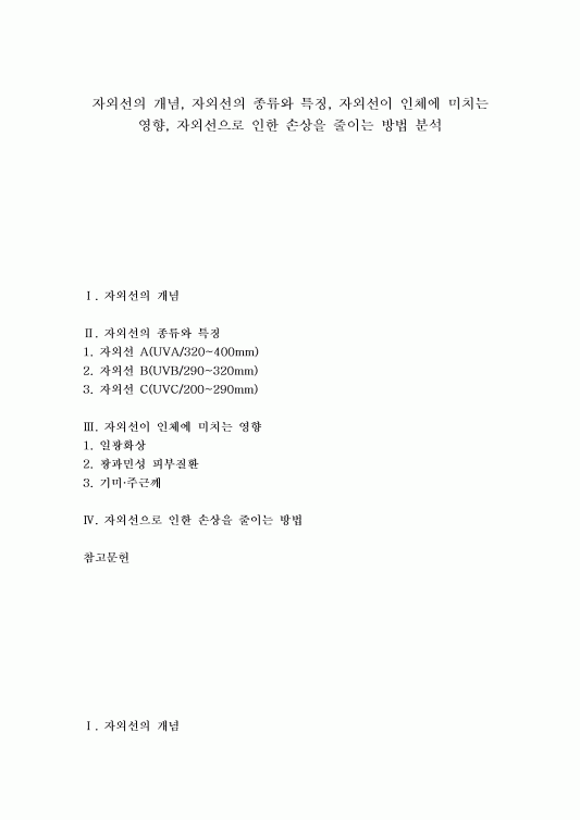 [자외선][자외선 종류][자외선 특징][자외선 인체 영향][자외선으로 인한 손상]자외선의 개념, 자외선의 종류와 자외선의 특징, 자외선이 인체에 미치는 영향, 자외선으로 인한 손상을 줄이는 방법 분석(자외선)