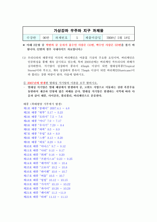 (1) 우리나라의 태풍처럼 미국의 허리케인은 여름철 기상의 주요한 요인이며, 허리케인은 인공위성을 통해 계속 감시되고 있는데, 특히 2005년에는 허리케인 카트리나의 피해가 심각하였다. 저기압이 성장하여 풍속