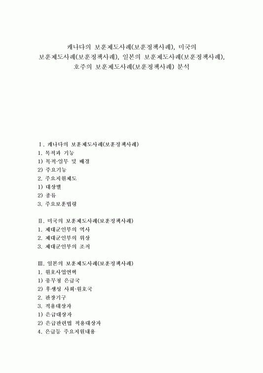 [보훈제도][보훈정책][보훈][캐나다][미국][일본][호주]캐나다의 보훈제도사례(보훈정책사례), 미국의 보훈제도사례(보훈정책사례), 일본의 보훈제도사례(보훈정책사례), 호주의 보훈제도사례(보훈정책사례) 분석