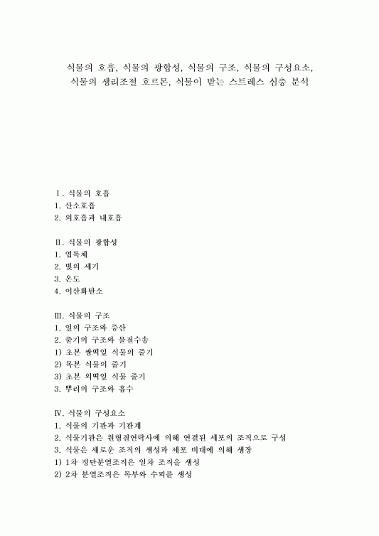 [식물 호흡][식물 광합성][식물 구조][식물 구성요소][식물 생리조절 호르몬][식물이 받는 스트레스]식물의 호흡, 식물의 광합성, 식물의 구조, 식물의 구성요소, 식물 생리조절 호르몬, 식물이 받는 스트레스 분석