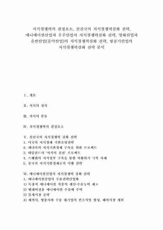 지식경쟁력의 결정요소, 선진국의 지식경쟁력강화 전략, 애니메이션산업과 우주산업의 지식경쟁력강화 전략, 영화산업과 음반산업(음악산업)의 지식경쟁력강화 전략, 항공기산업의 지식경쟁력강화 전략 분석