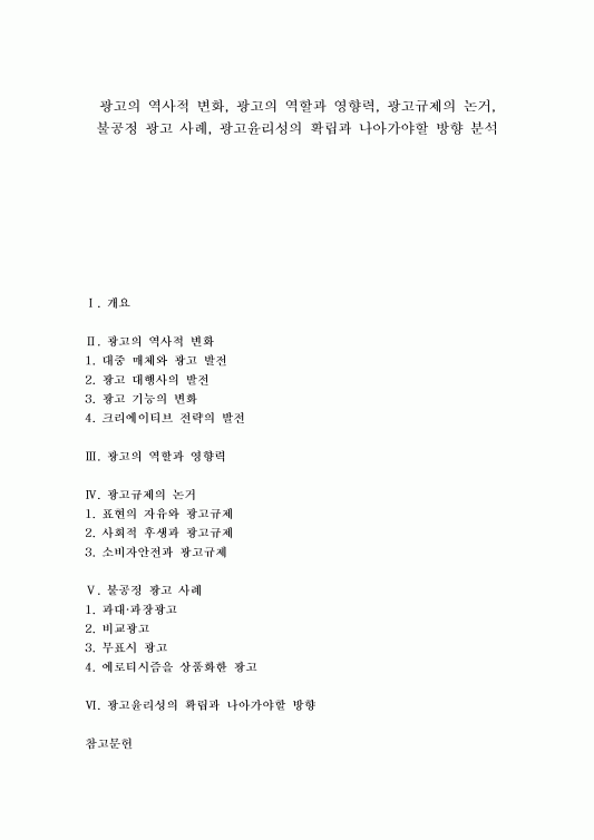 [광고][광고 영향력][광고규제][불공정 광고 사례][광고윤리성]광고의 역사적 변화, 광고의 역할, 광고의 영향력, 광고규제의 논거, 불공정 광고 사례, 광고윤리성의 확립, 광고윤리성의 나아가야할 방향 분석