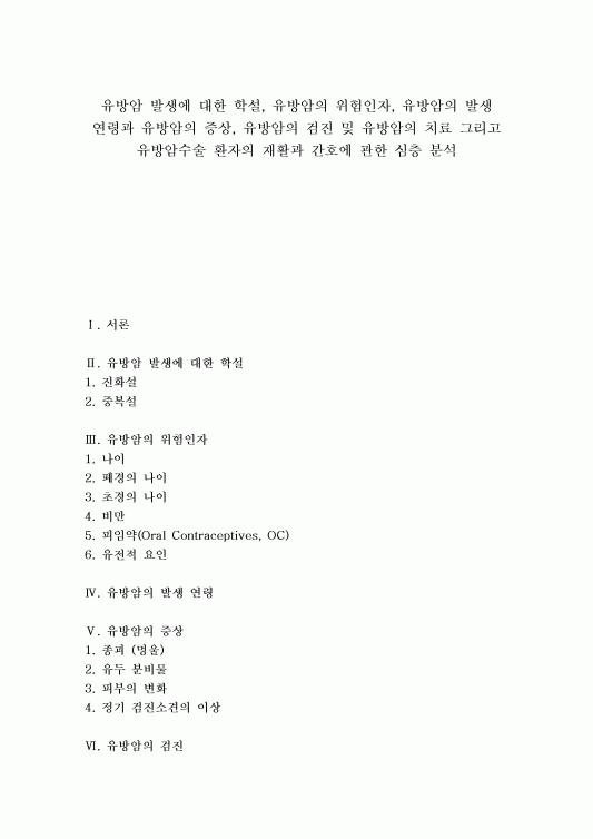 [유방암][유방암수술][유방암수술환자][유방암환자간호]유방암 발생에 대한 학설, 유방암의 위험인자, 유방암의 발생 연령, 유방암의 증상, 유방암의 검진, 유방암의 치료, 유방암수술 환자의 재활과 간호 분석